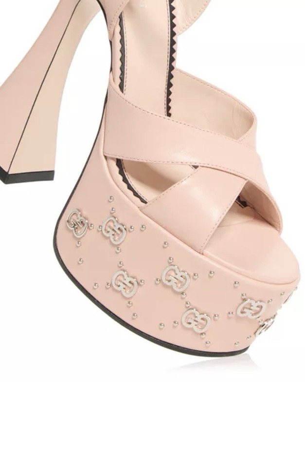 GUCCI GG STUD CRYSTAL MALAGA PLATFORM SANDALS HEELS PINK size European ...