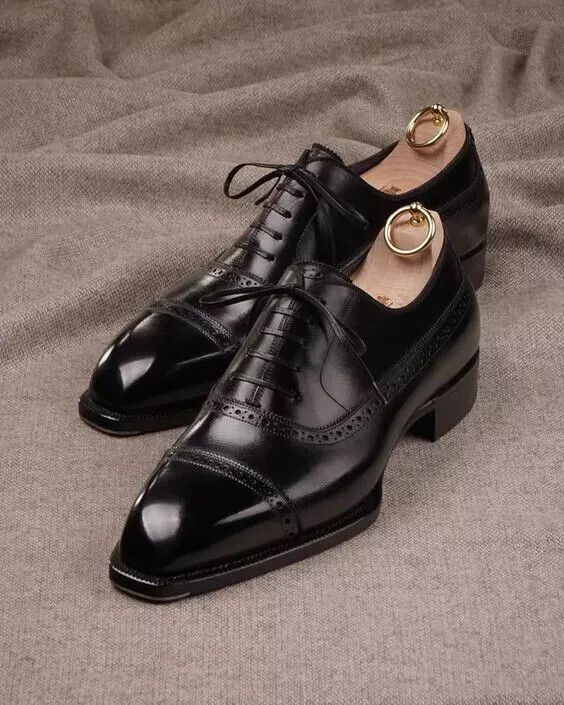 New Handmade Men's Black Leather Oxford Toe-Cap Lace Up Dress Formal ...