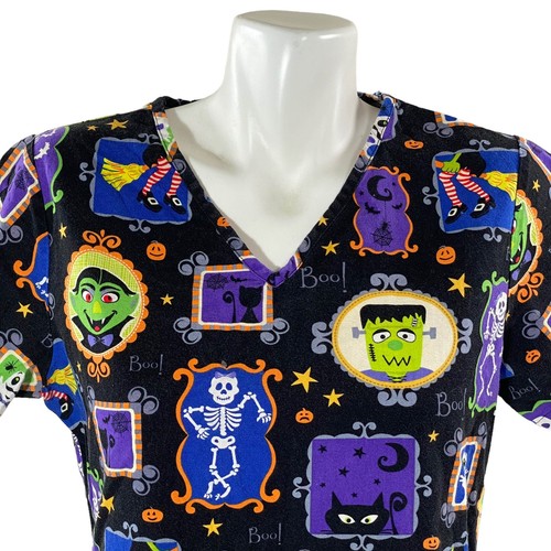SB Scrubs Dracula Monster Skeletons Black Cats XS Halloween Scrub Top ...