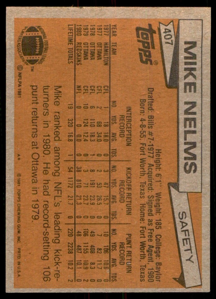 1981 TOPPS! MIKE NELMS WASHINGTON REDSKINS #407 | eBay
