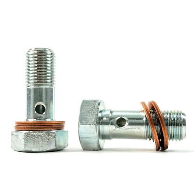 2x M10 x 1.0mm MILD STEEL BANJO BOLTS & COPPER CRUSH WASHERS M10x1 32MM ...