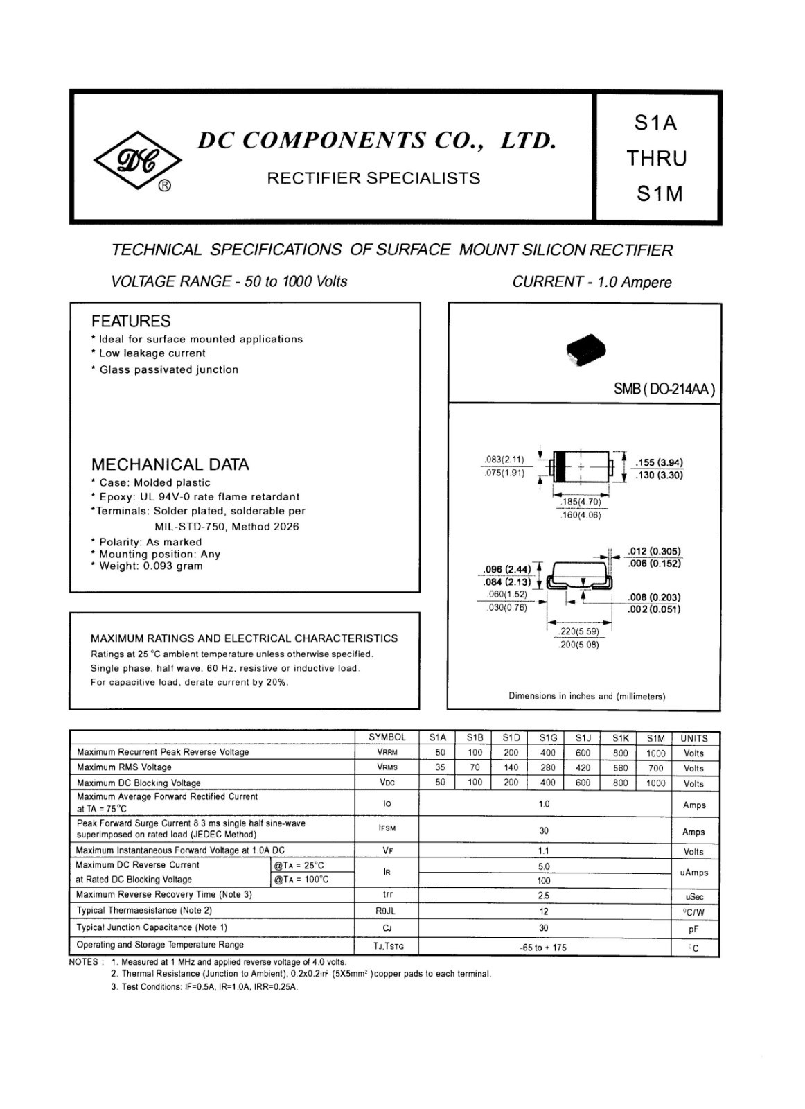 Lot of 10 Diode Rectfiers S1G M4 400V 1A SMA DO-214 SMD | eBay