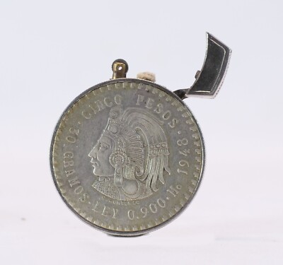 1948 Mexico Aztec Chieftain Cuauhtemoc Silver Cinco Pesos Coin Lighter ...