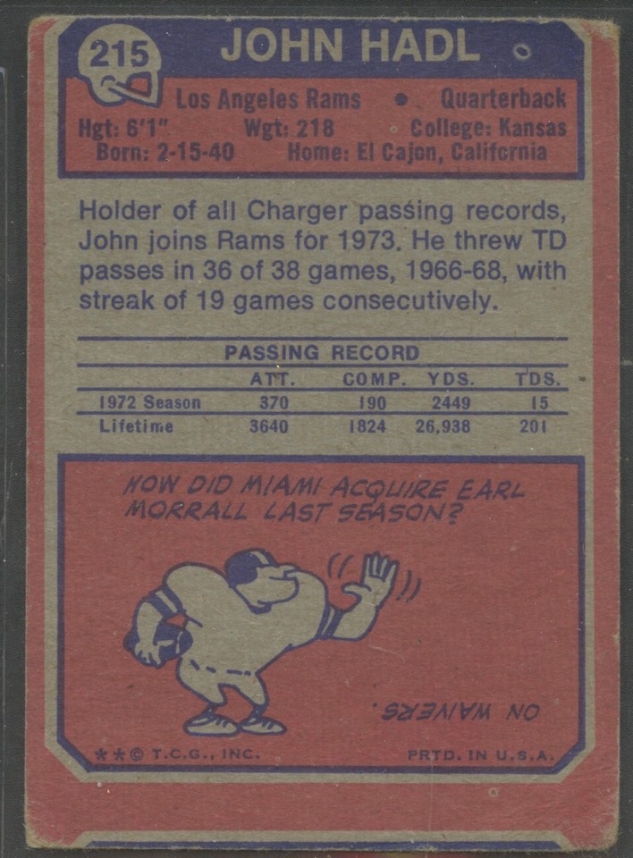 1973 Topps #215 John Hadl Los Angeles Rams | eBay