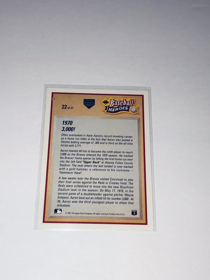 1991 Upper Deck Baseball #22 Hank Aaron Baseball Heroes Baseball Card ...