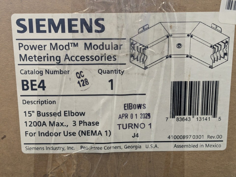 Siemens BE4 15" Insulated Bussed Elbow for PowerMod Modular Metering | eBay