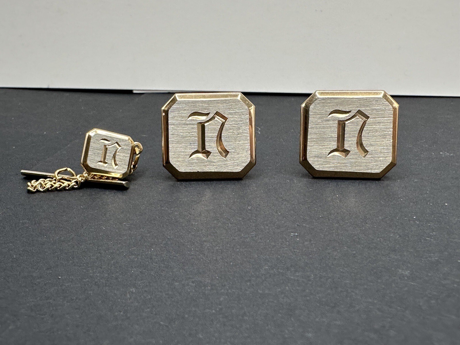 Vintage Swank Gold Tone Initial Monogram N Cufflinks Tie Tack | eBay