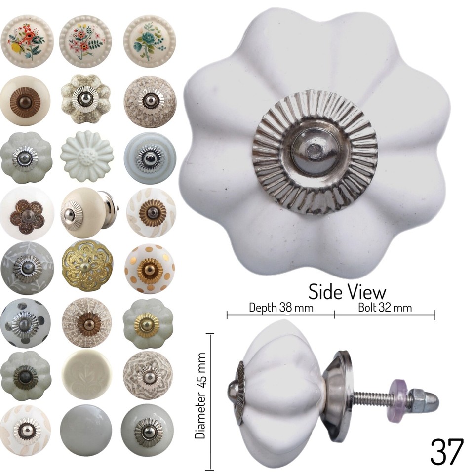 WHITE Door Knobs Ceramic 50 DESIGNS Handles Cupboard Drawer Vintage ...