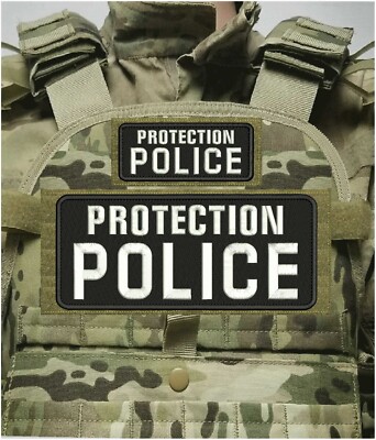 PROTECTION POLICE embroidery patches 4x10 and 2x5 hook on back WHITE ON ...