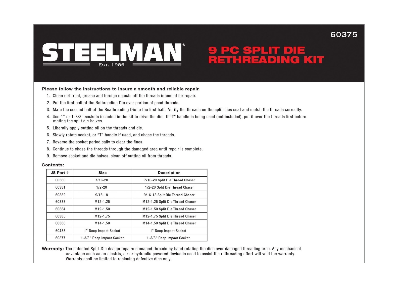 Steelman 9-Piece Split Die Wheel Stud Repair/Rethreading Kit, Indexing ...