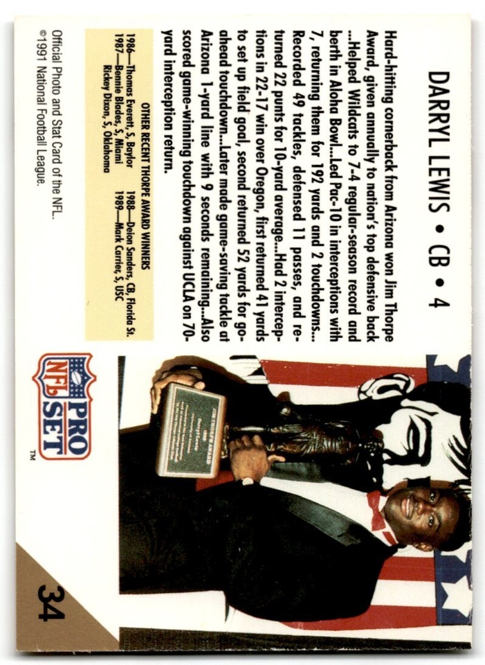 1991 Pro Set Darryll Lewis Rookie Arizona Wildcats #34 | eBay