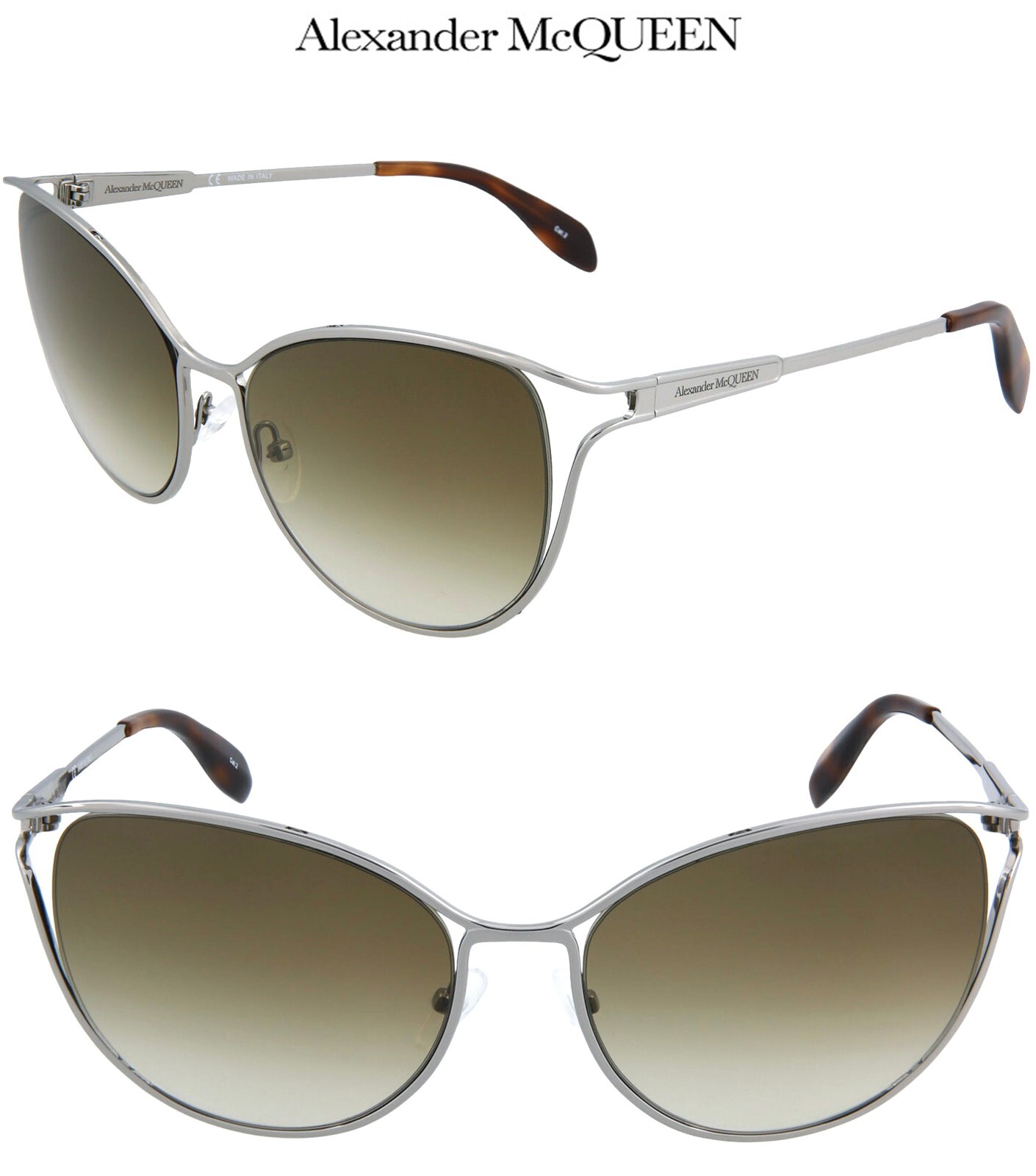 ALEXANDER MCQUEEN EDGE AM0194S 003 SILVER GRADUATE GREEN CAT EYE ...