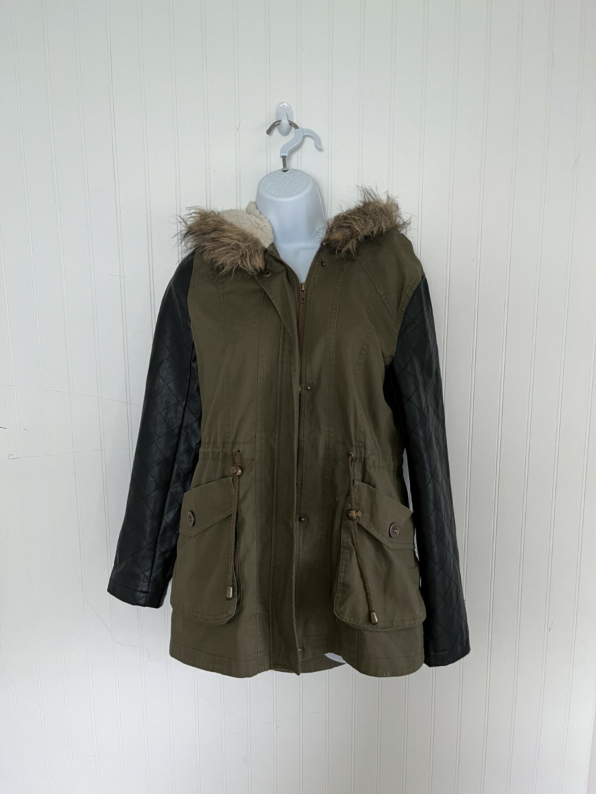 Olive Green Parka with Fluffy Hood and Black Sleeves … - Gem