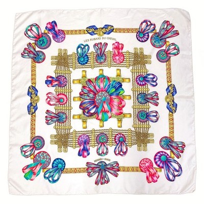 HERMES KARE 90 LES RUBANS DU CHEVAL Silk Square Scarf White authentic ...