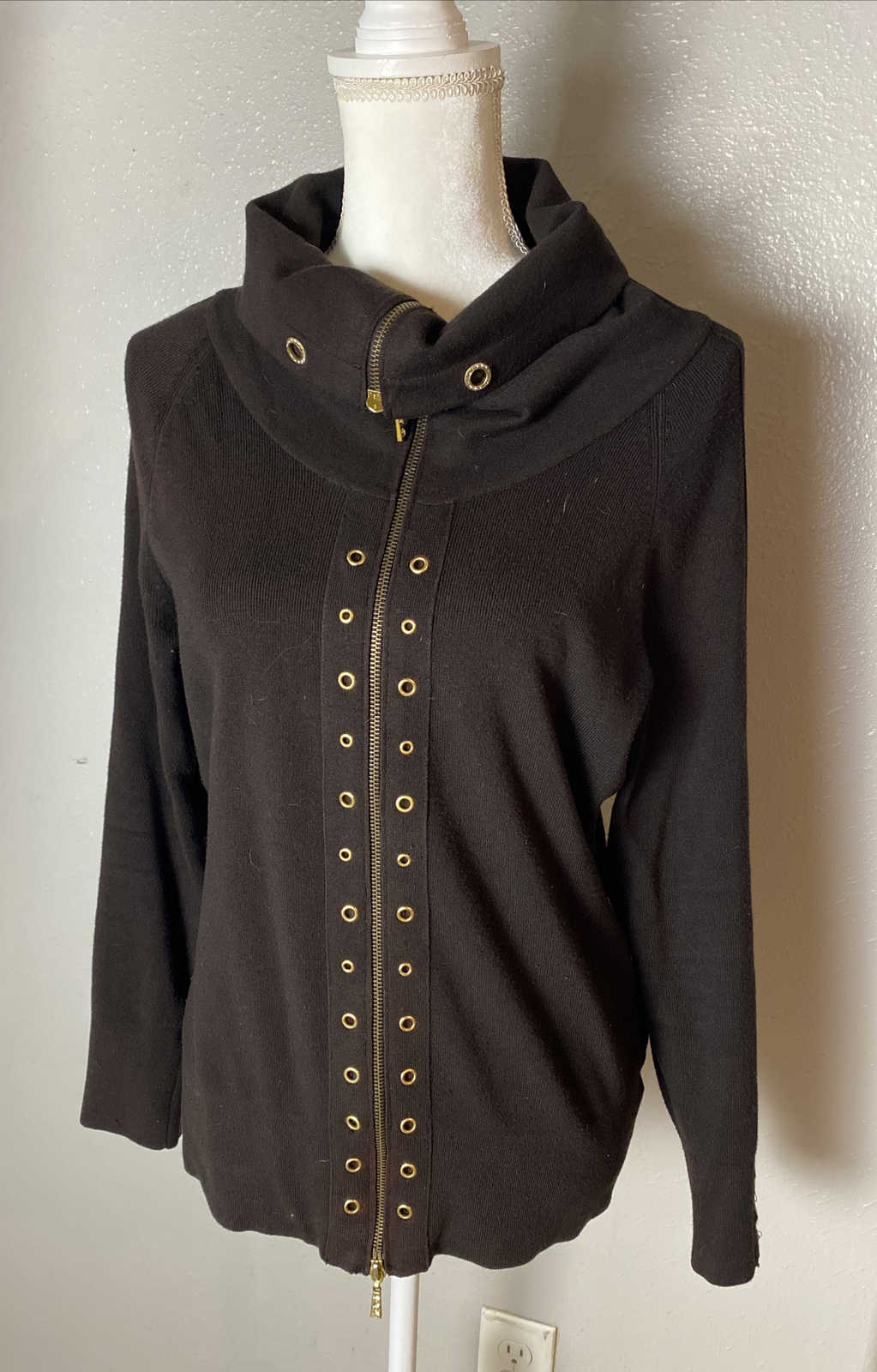 Cache double zip cowl neck sweater, Chocolate With Gold, Size Large | eBay