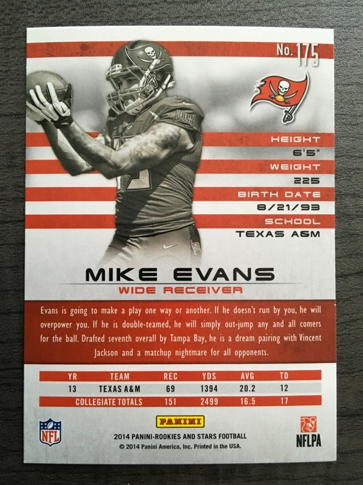 2014 PANINI ROOKIES & STARS FOOTBALL MIKE EVANS ROOKIE CARD No.175 ...