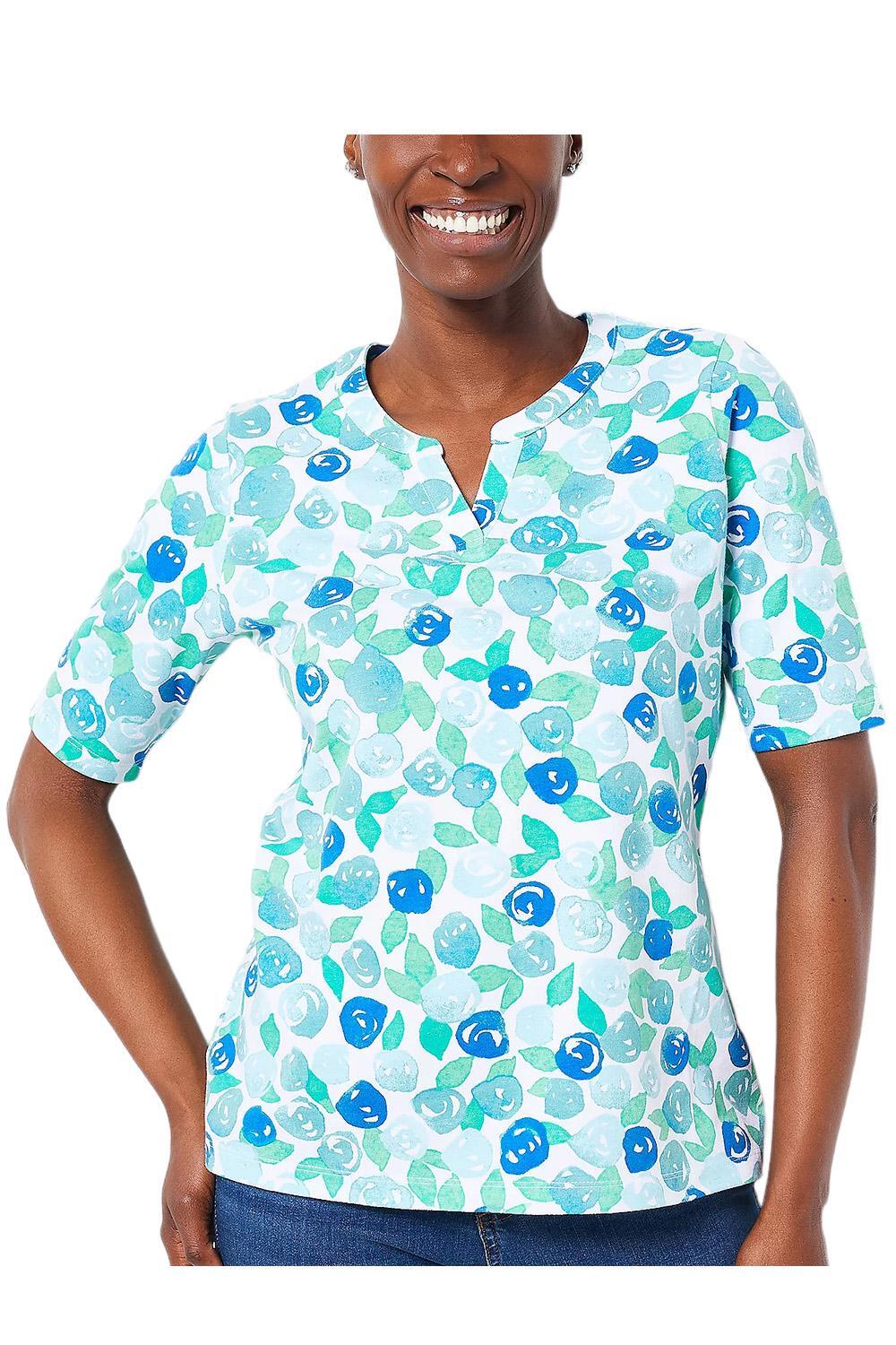 Denim & Co. Printed Perfect Jersey Split V-Neck Top Aqua | eBay
