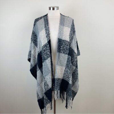 Woolrich Black Gray Block Geometric Fringe Shawl Wrap Scarf Sweater ...