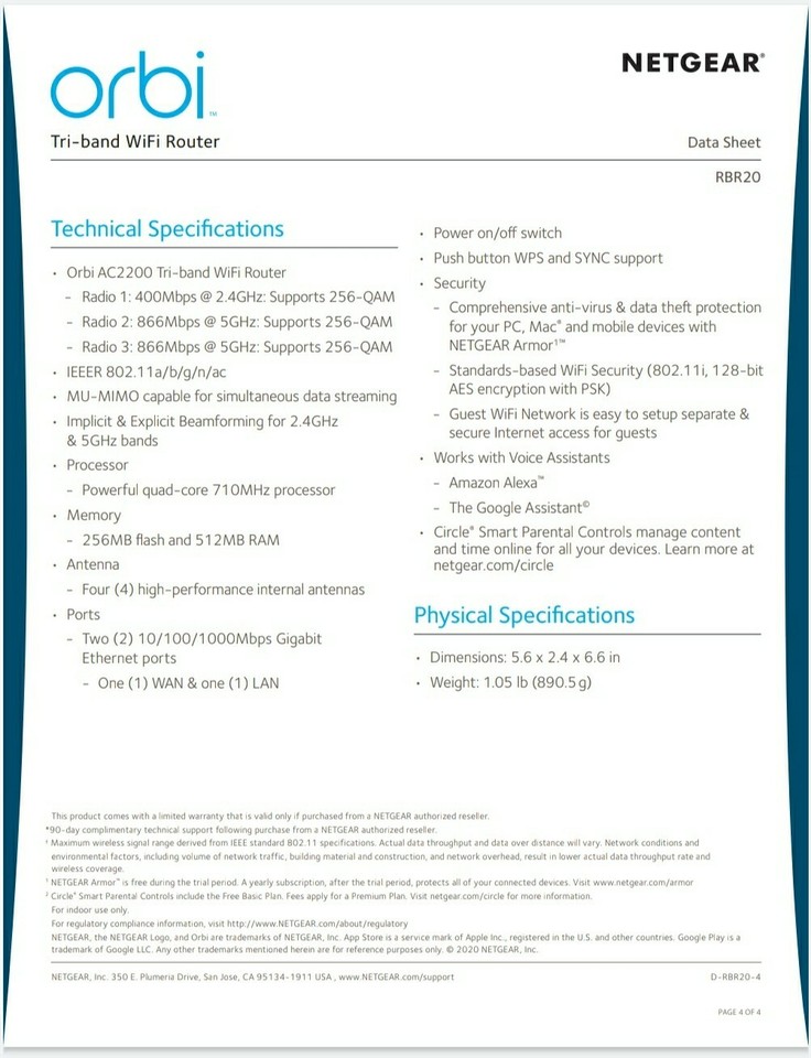 NETGEAR Orbi RBR20 Router AC2200 Mesh Network with WiFi 5 ~ Very Good ...