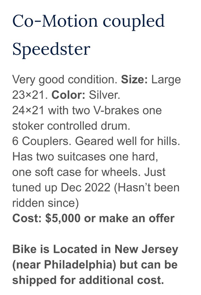 Co-Motion Coupled Speedster Tandem Bicycle - See Photo For More Info ...