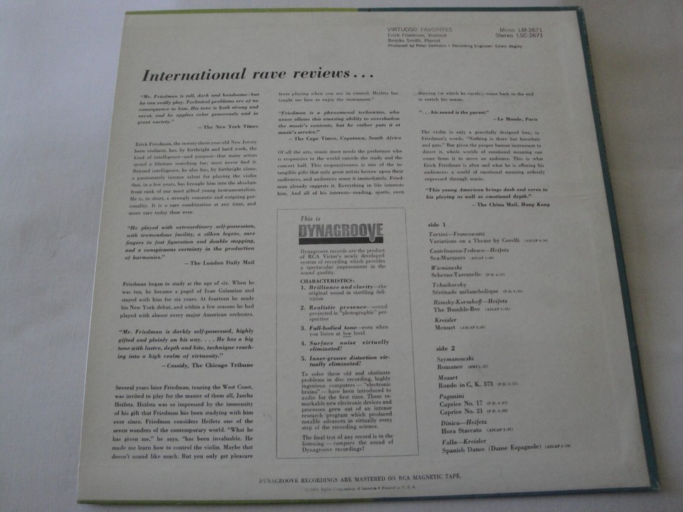 Erick Friedman w/ Brooks Smith VIRTUOSO FAVORITES Vinyl 1963 MONO LM ...