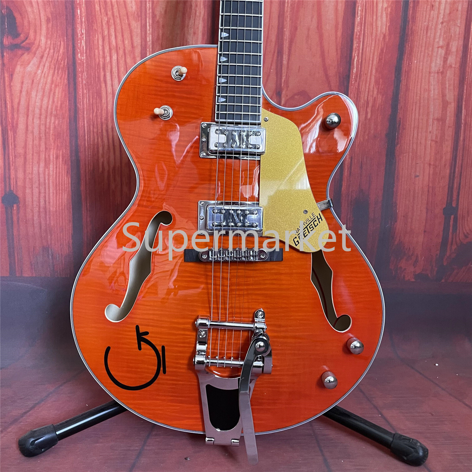 Orange Electric Guitar 6 String Bigsby Bridge Hollow Body HH Pickup ...