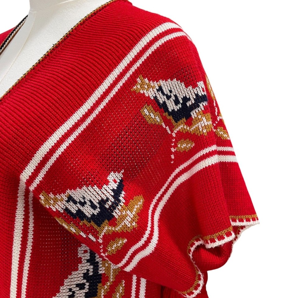 Red Boho Fringe Bird Knit Cardigan Sweater Jacket Cottagecore Festival ...