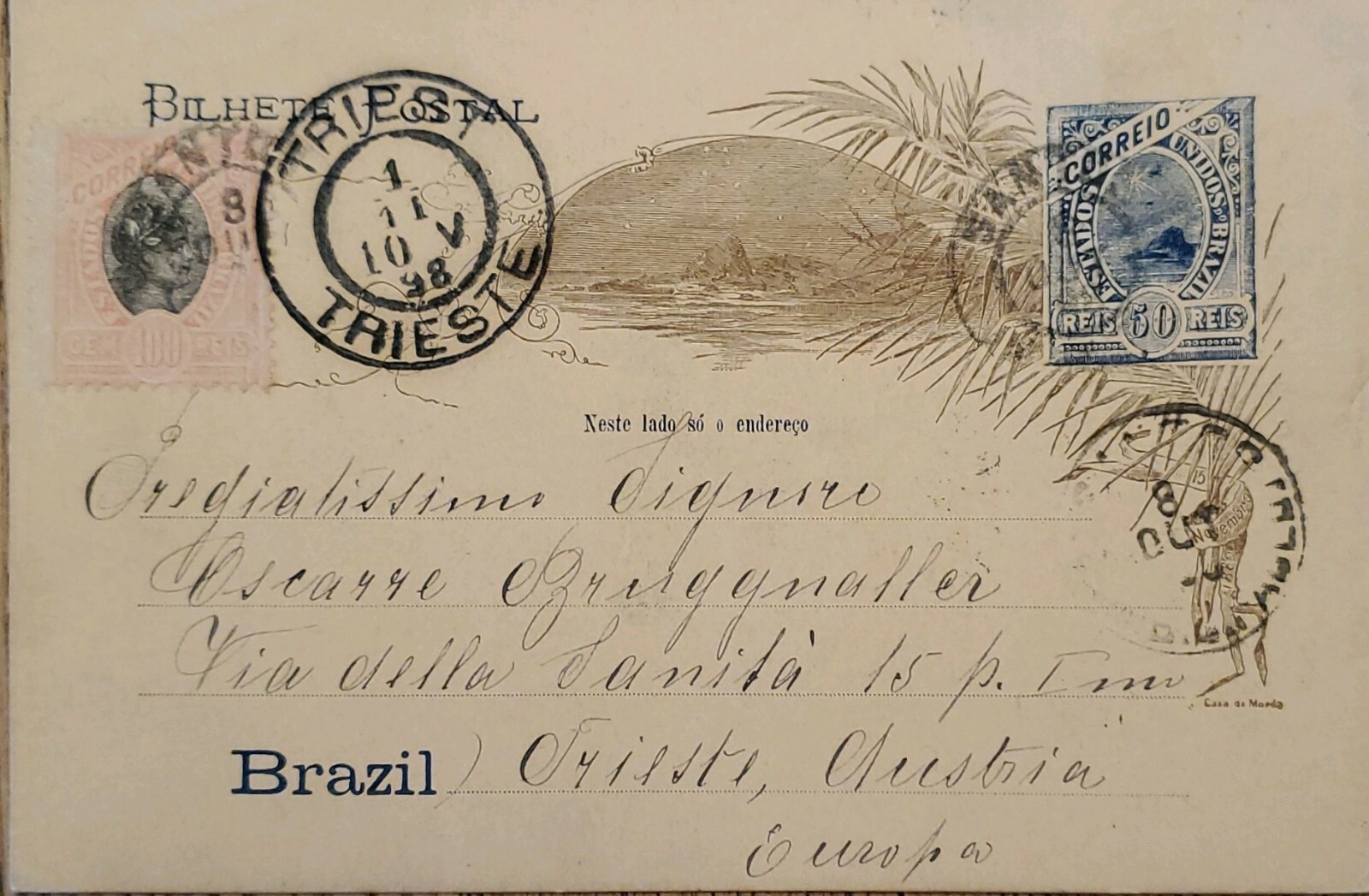 A) 1898, BRAZIL, POSTAL STATIONARY, FROM SANTOS TO TRIESTE ITALY, BREAD ...