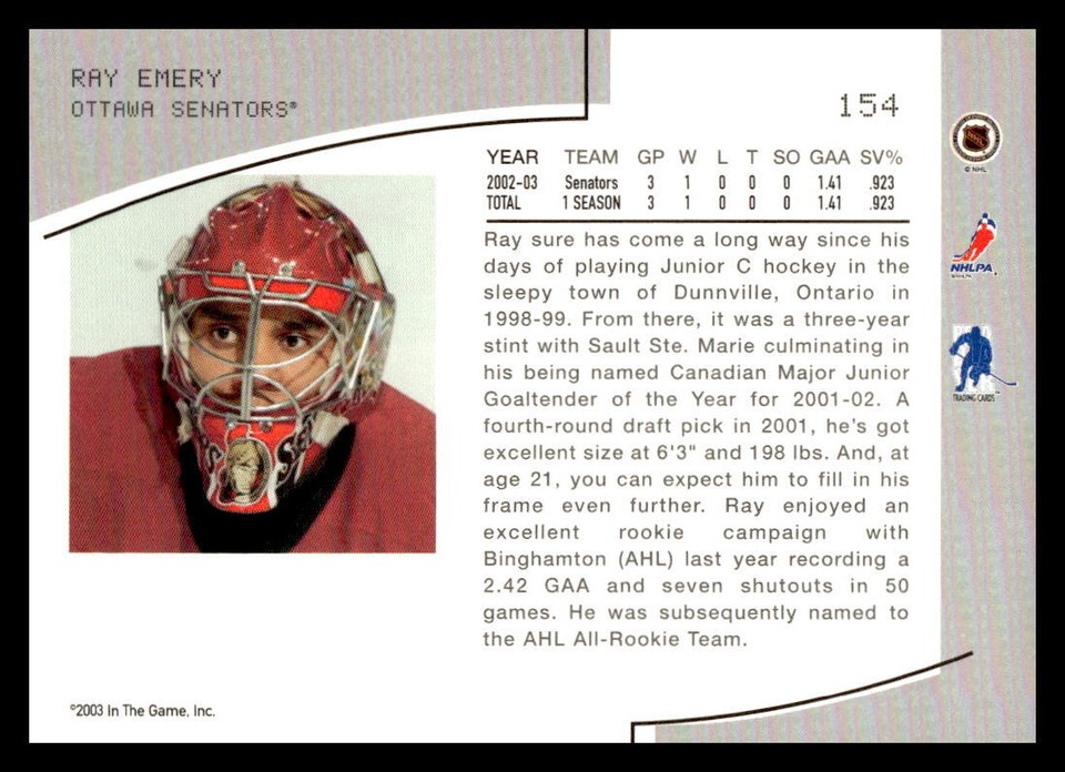 2003 Be a Player Memorabilia #154 Ray Emery Ottawa Senators | eBay