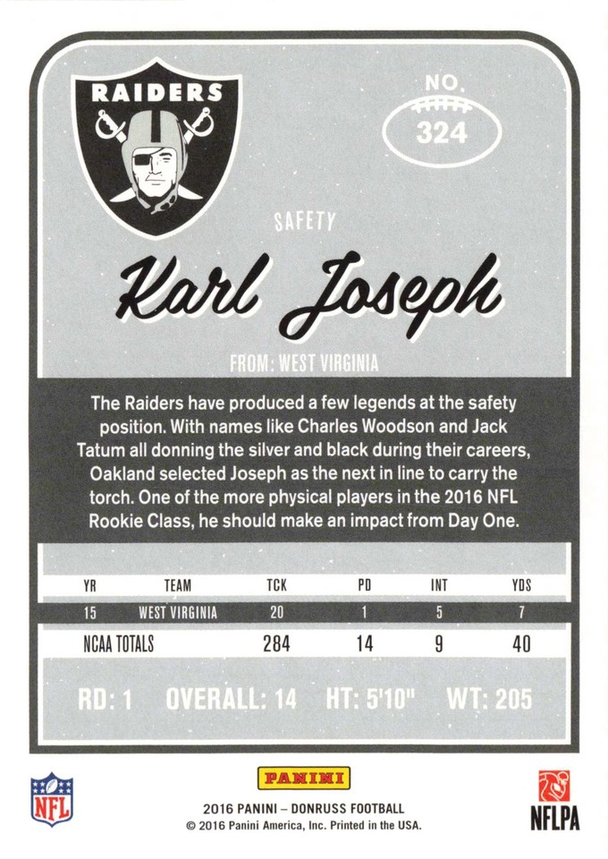 Karl Joseph 2016 Donruss #324 Oakland Raiders | eBay