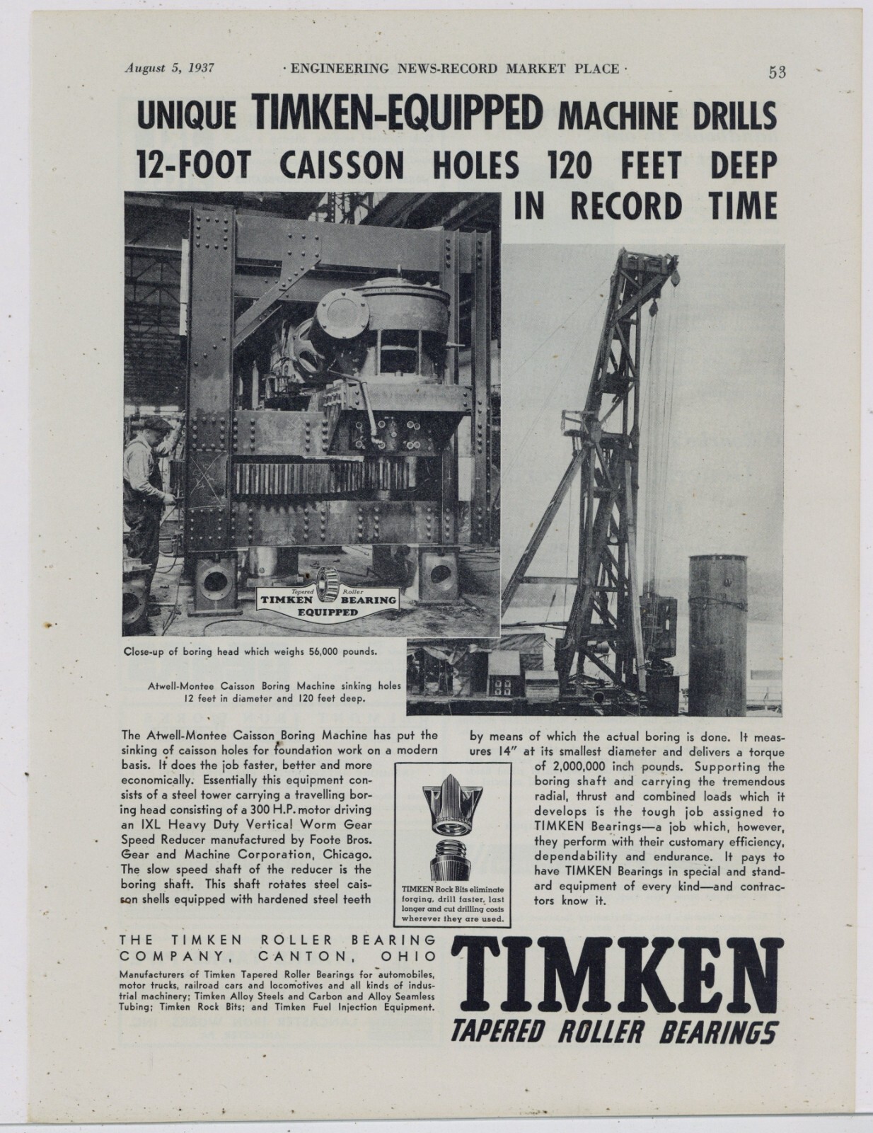1937 Timken Bearings Ad: Atwell Montee Caisson Boring Machine - 12' x ...