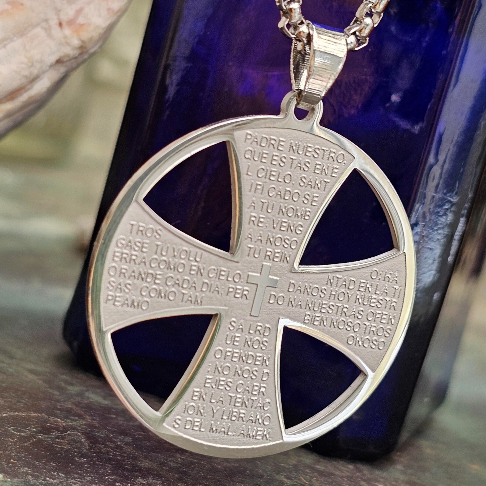 Lords Prayer Cross Pendant Necklace Templar Spanish Script Steel 22 ...