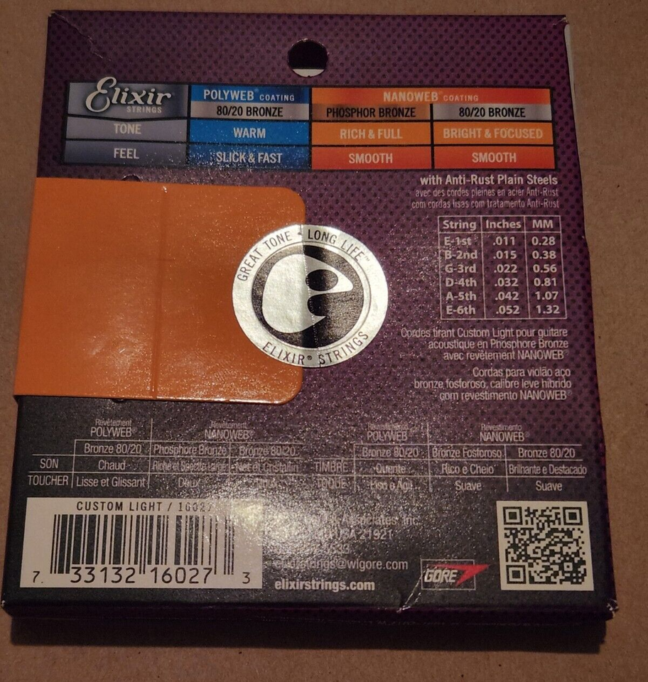 Elixir 16027 Nanoweb Phosphor Bronze Acoustic Guitar Strings Custom ...