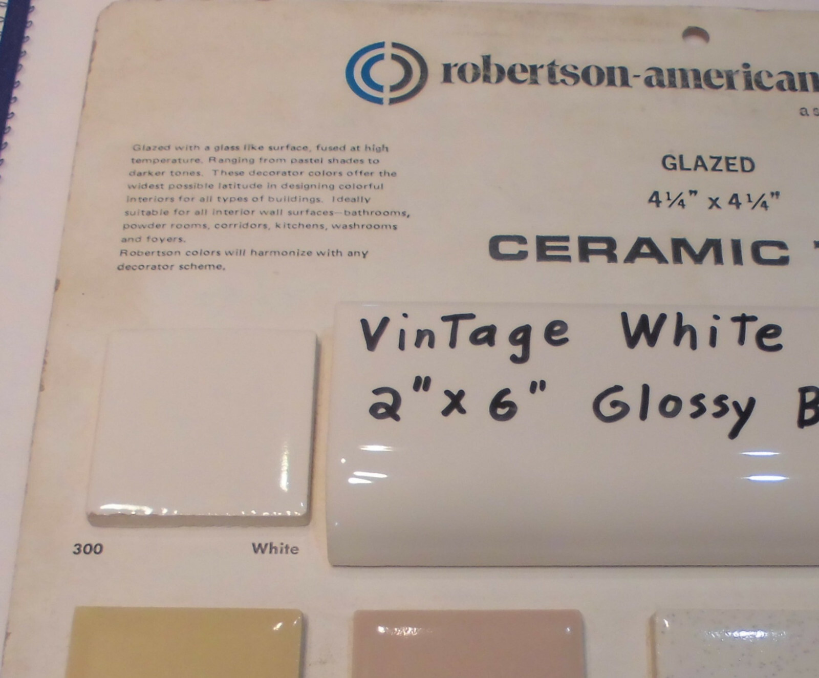 1 pc. Vintage White: Glossy 2" X 6" Ceramic Radius Bullnose Tile; Mud ...