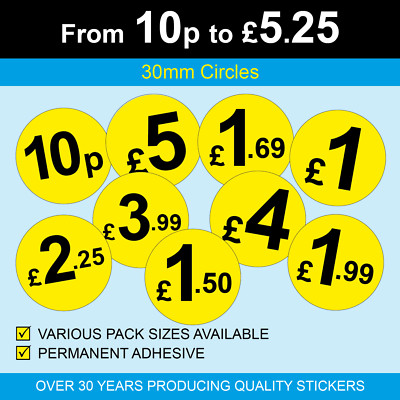 Permanent Adhesive - Black & Yellow 30mm Price Stickers / Labels From ...