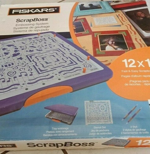 New Fiskars 12x12 ScrapBoss Embossing System . Tray, Stencil Set, Styli ...