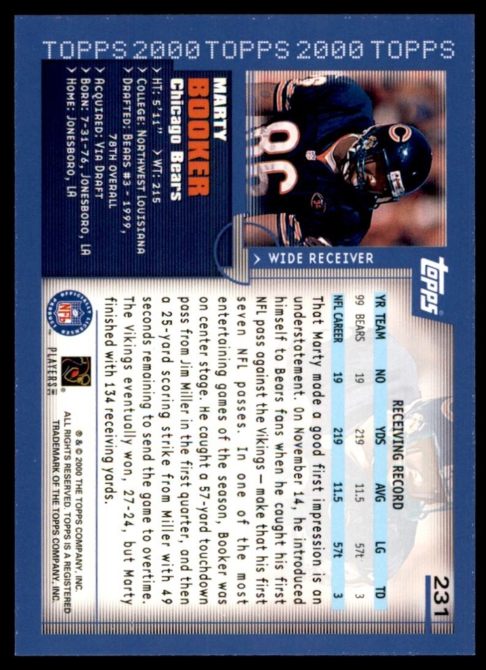 2000 TOPPS COLLECTION MARTY BOOKER CHICAGO BEARS #231 | eBay