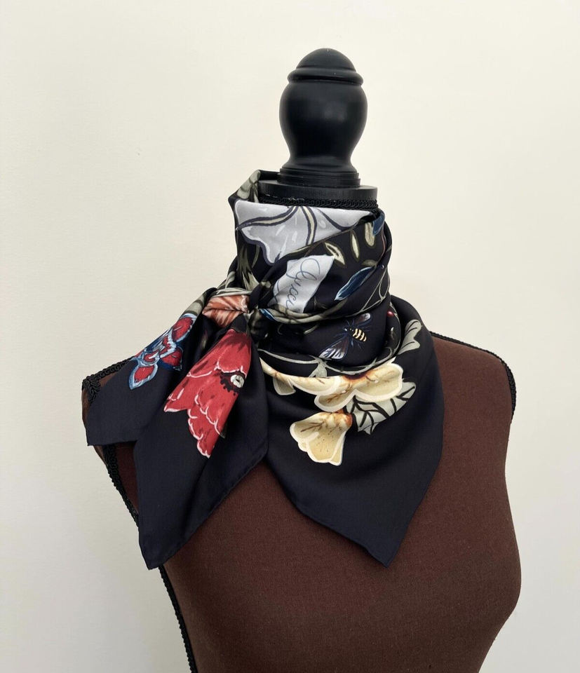 New Gucci Scarf Logo Kris Knight Floral Print Black Multicolor Silk ...