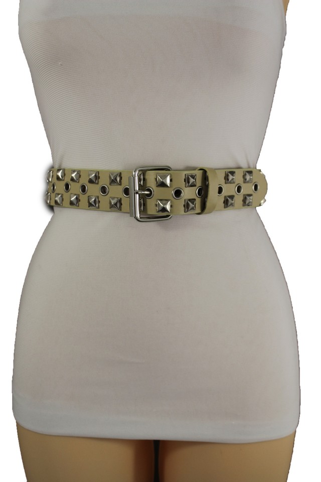Women Men Beige Punk Rocker Fashion Belt Silver Studs Holes Basic Style ...
