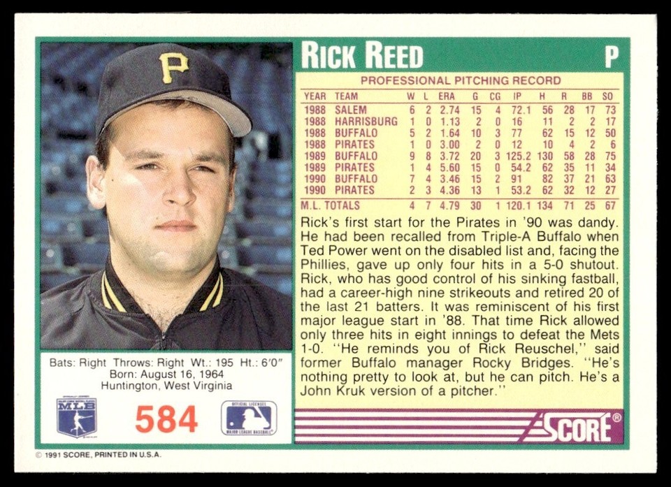 1991 Score Baseball Card Rick Reed Pittsburgh Pirates #584 | eBay