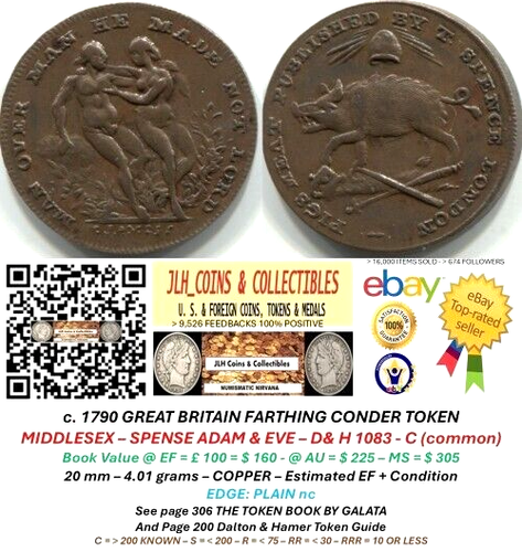 c. 1790 GB Conder Farthing - MIDDLESEX - ADAM & EVE - PIG - D & H 1083 ...