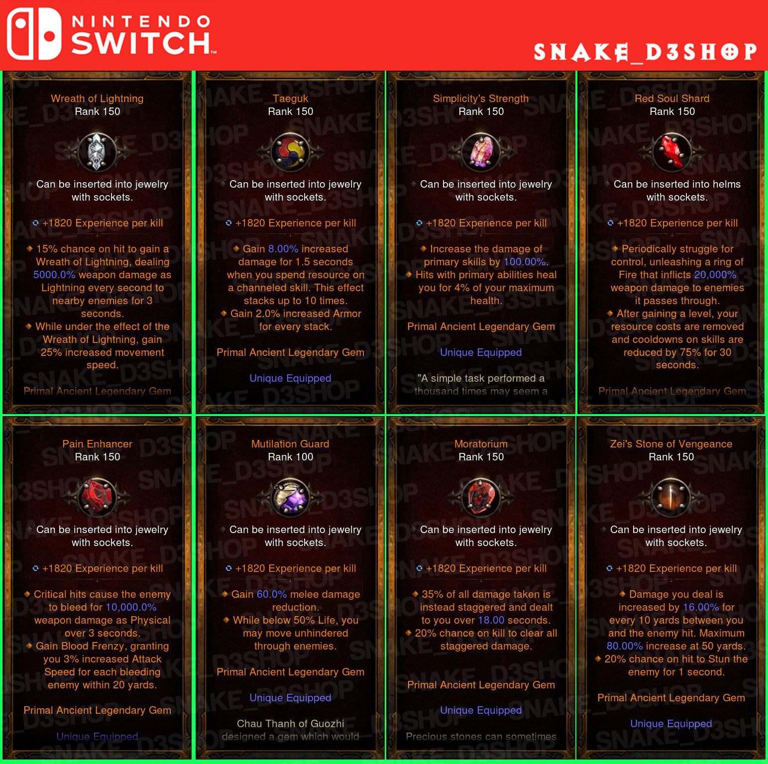 Diablo 3 Nintendo Switch - 22x PRIMAL Modded Legendary Gems - +1800 XP ...