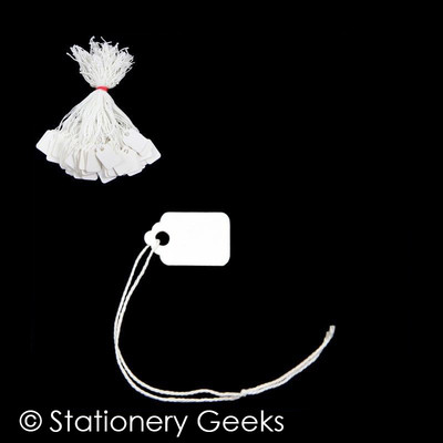 100 White Strung Tickets 24 x 15 mm Price Tags String Swing Labels 24mm ...
