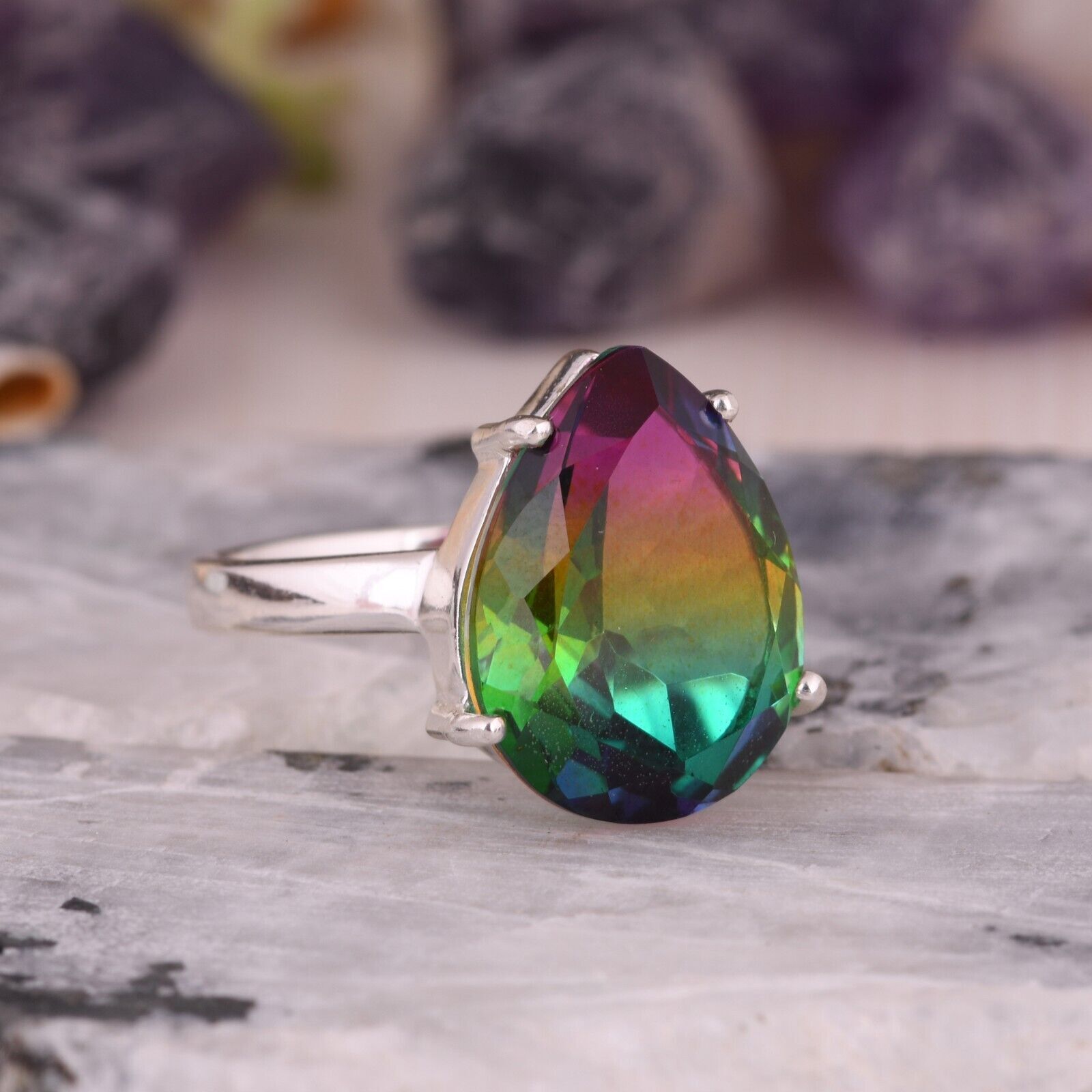 Pear Cut Bio Watermelon Quartz Ring Sterling Silver Engagement Multi ...