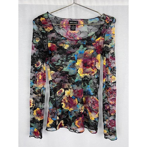 Vintage Wet Seal Top Womens XS Y2K Sheer Lace Long Sleeve Floral Rave ...