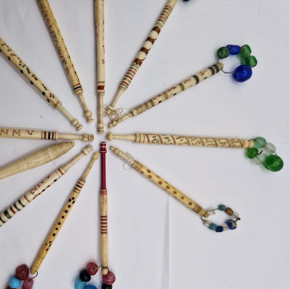 12 Lovely Antique Bone Named Lace Making Bobbins With Spangles !!. some damage | eBay UK