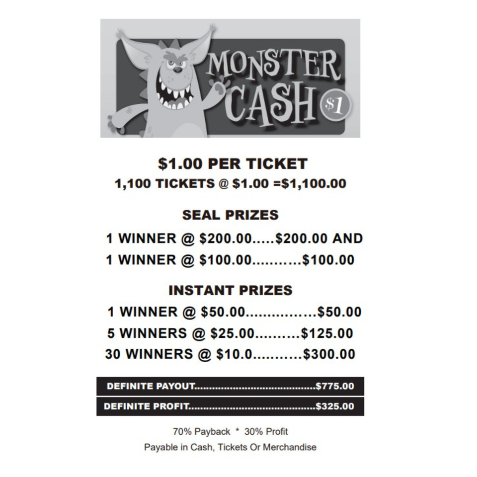 MONSTER CASH 1 POINT/325P 1100 PULL TAB HARD CARD TICKETS 2 SEALS WIN ...