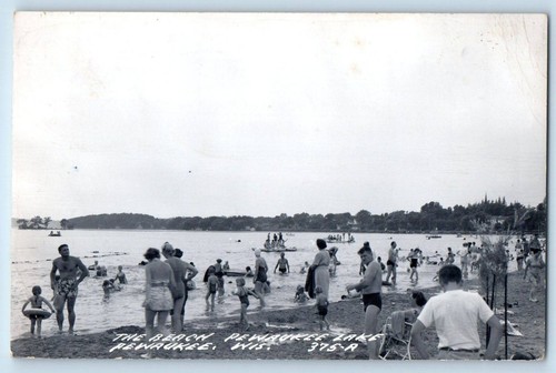 1957 The Beach Pewaukee Lake Pewaukee Wisconsin WI RPPC Photo Vintage ...