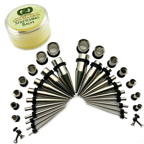 38pc Stainless STEEL Ear Taper Kit Stretcher + Stainless Tunnel Set 1 ...