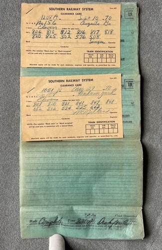 2 Southern Railway 1970 Clearance Cards and Form 19s Augusta GA and ...